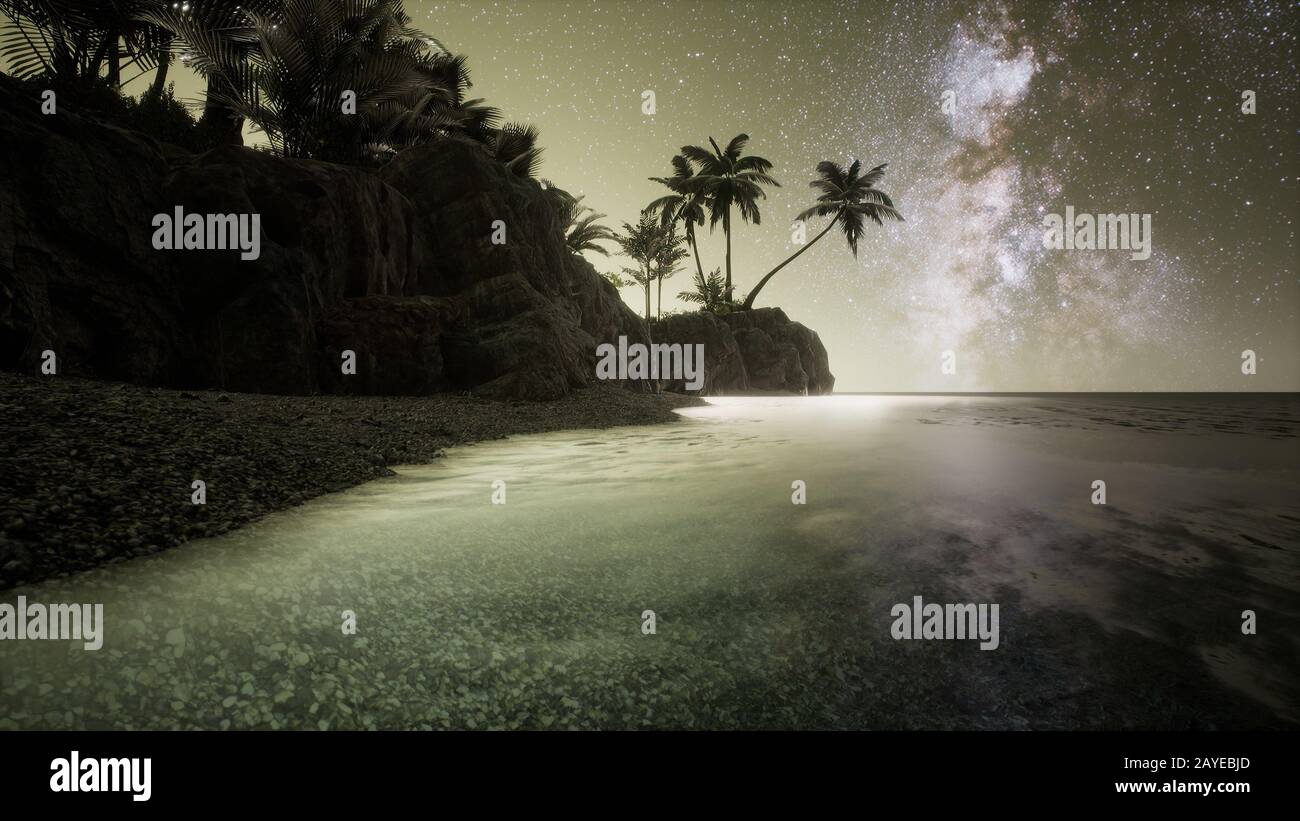 Beautiful fantasy tropical beach with Milky Way star in night skies ...