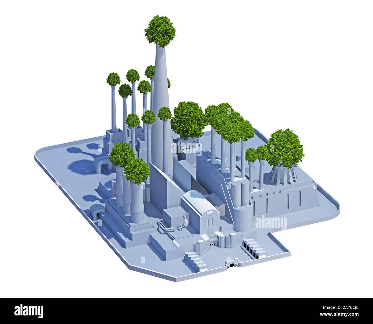 trees grow from factory chimneys isolated on white. 3d rendering Stock ...