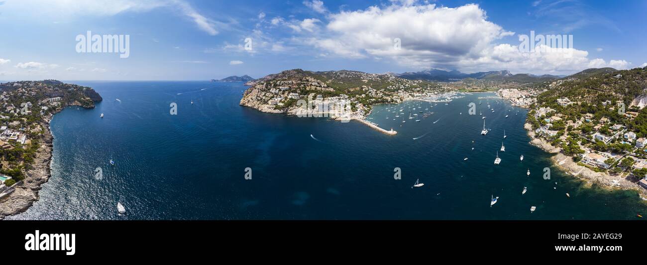 Aerial view, coast and natural harbor with lighthouse, Port d'Andratx ...