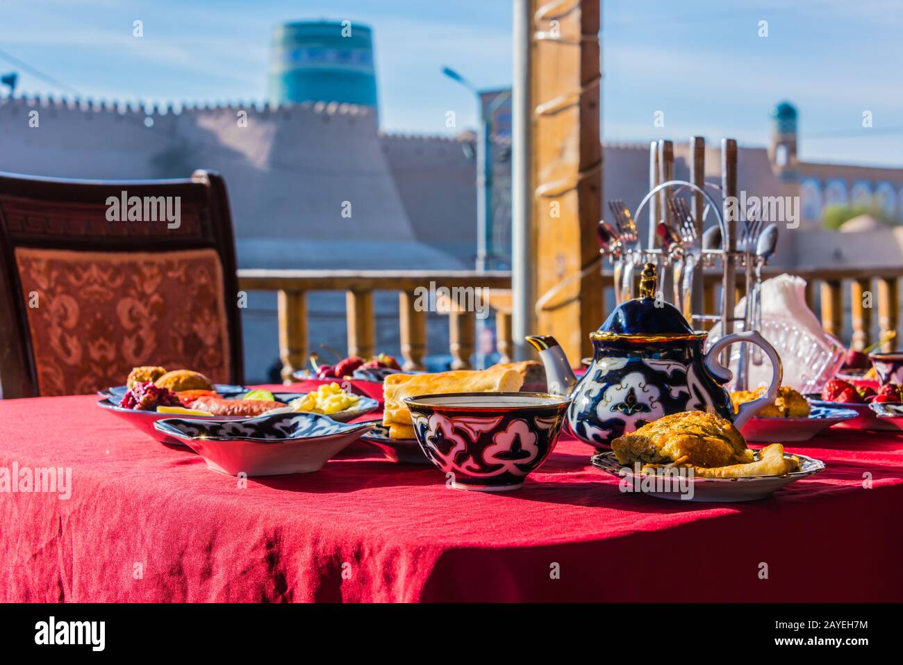 Traditional Uzbek breakfast served on the terrace Stock Photo - Alamy