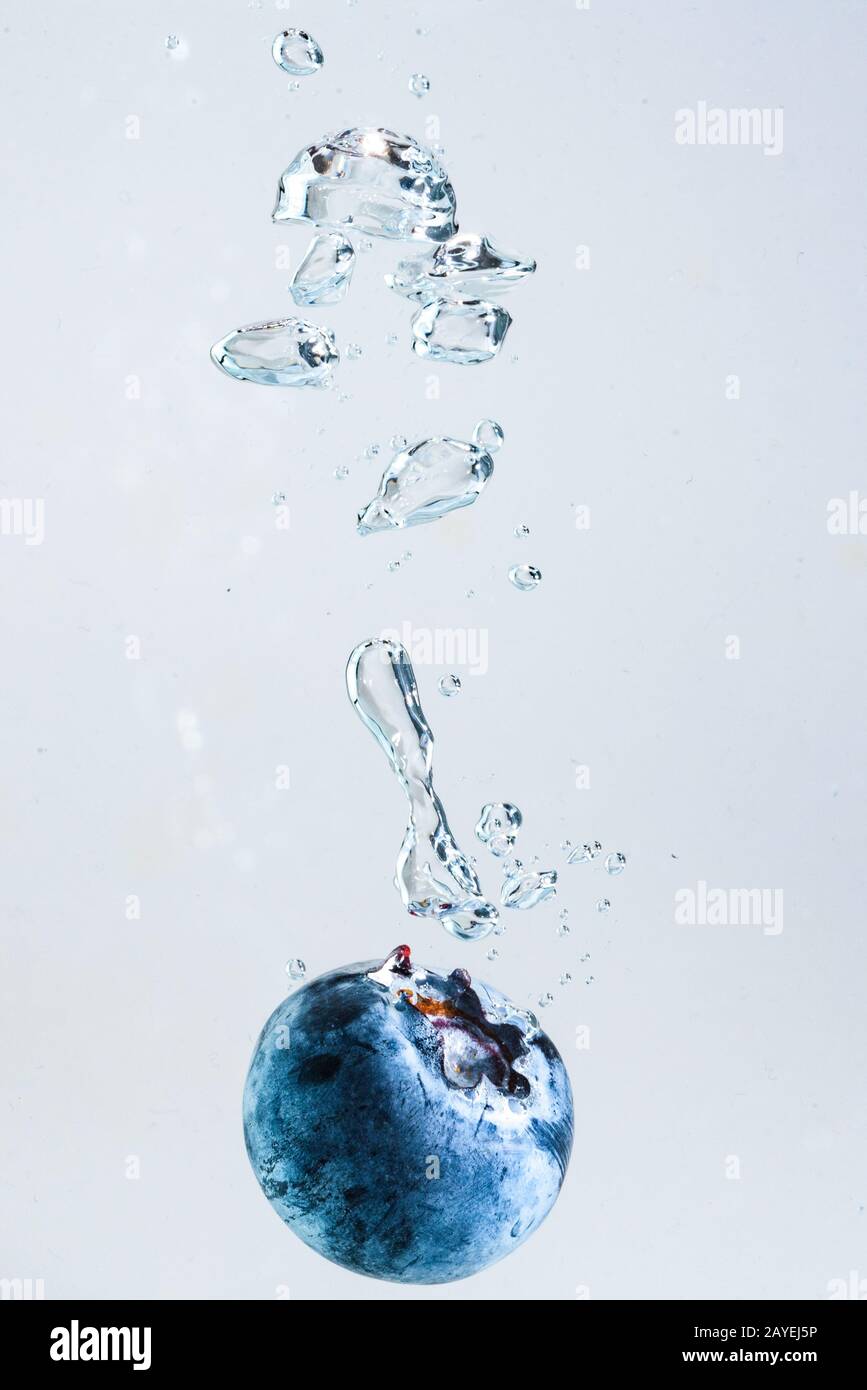 One blueberry sinking underwater with air bubbles isolated on white ...