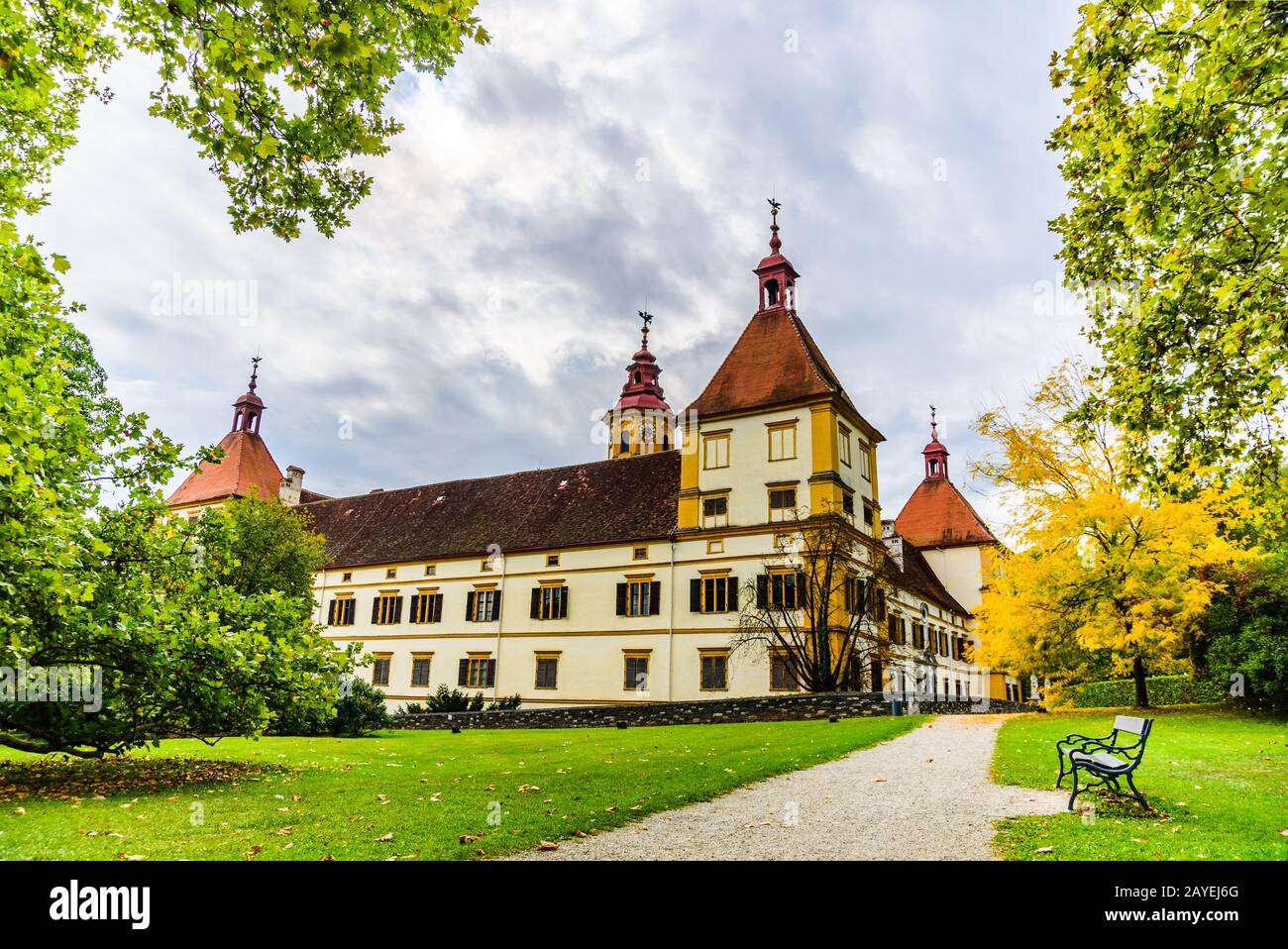 View at Eggenberg palace in Autumn tourist spot, famous travel ...