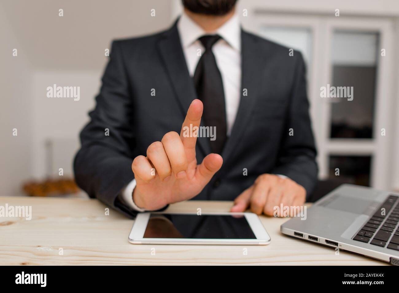 Male human wear formal working clothes presenting presentation of high ...