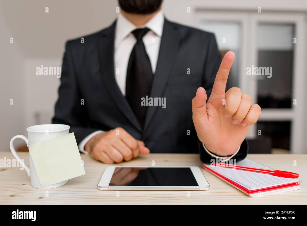 Male human wear formal working clothes presenting presentation of high ...