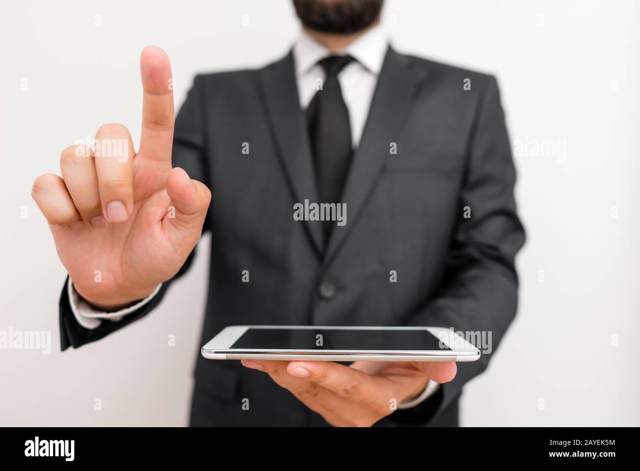 Male human wear formal working clothes presenting presentation of high ...