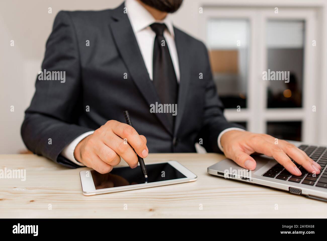 Male human wear formal working clothes presenting presentation of high ...