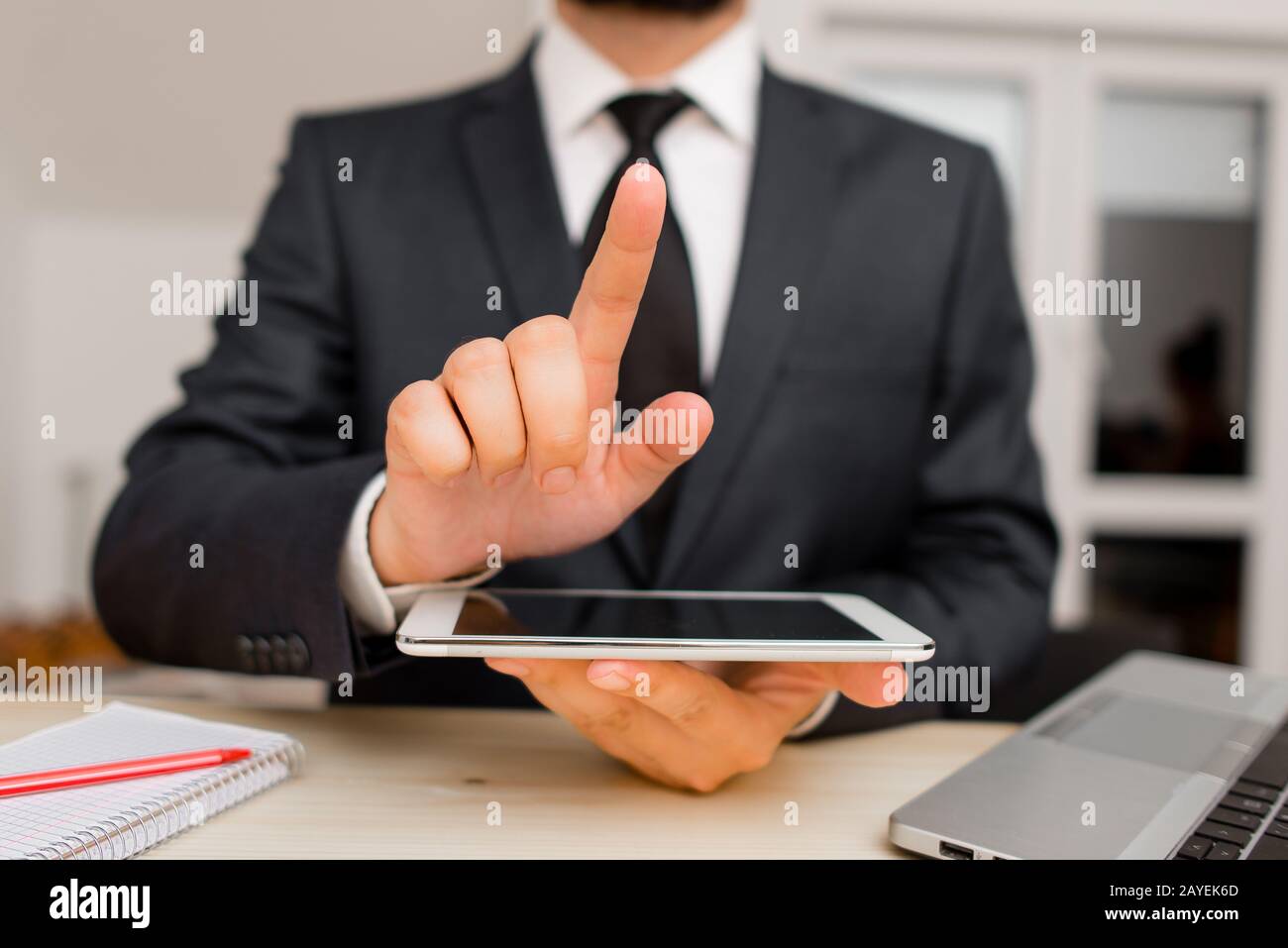 Male human wear formal working clothes presenting presentation of high ...