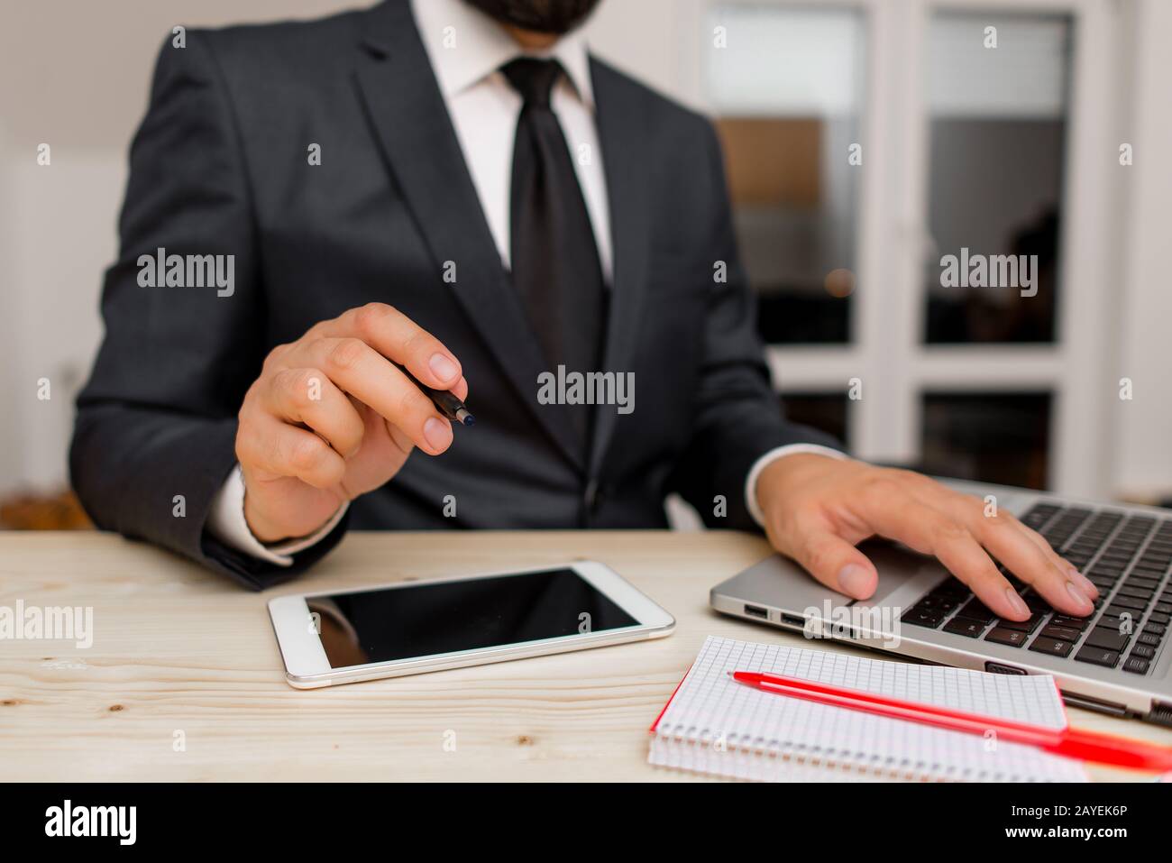 Male human wear formal working clothes presenting presentation of high ...