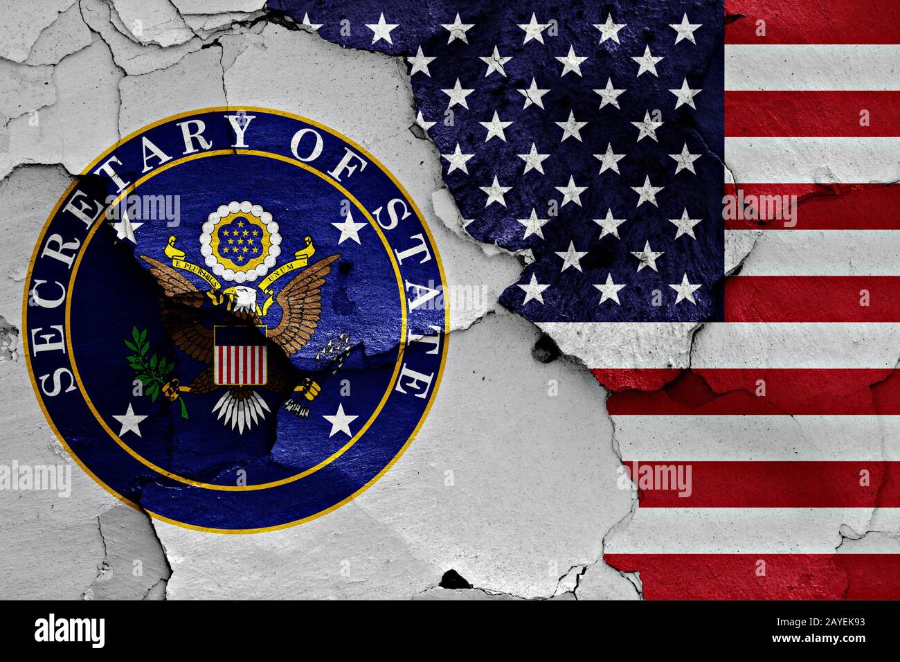 flags of Secretary of State and USA painted on cracked wall Stock Photo ...
