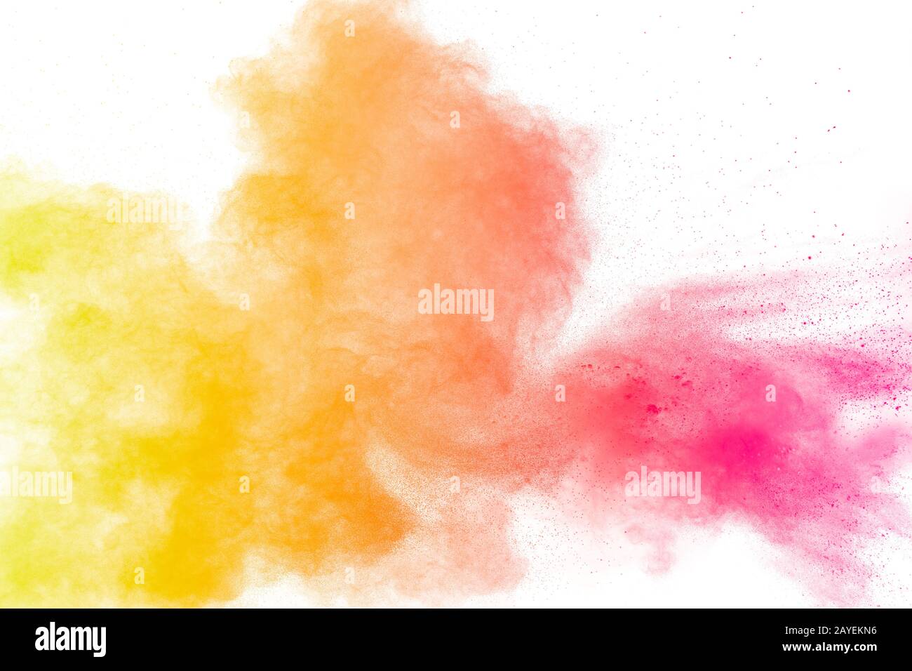 Red yellow powder explosion on white background.Red yellow color dust ...