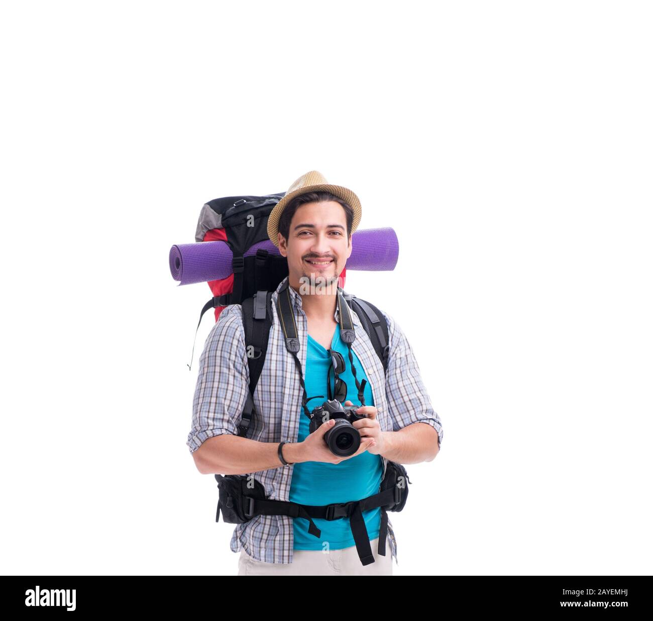 Backpacker with camera isolated on white background Stock Photo - Alamy