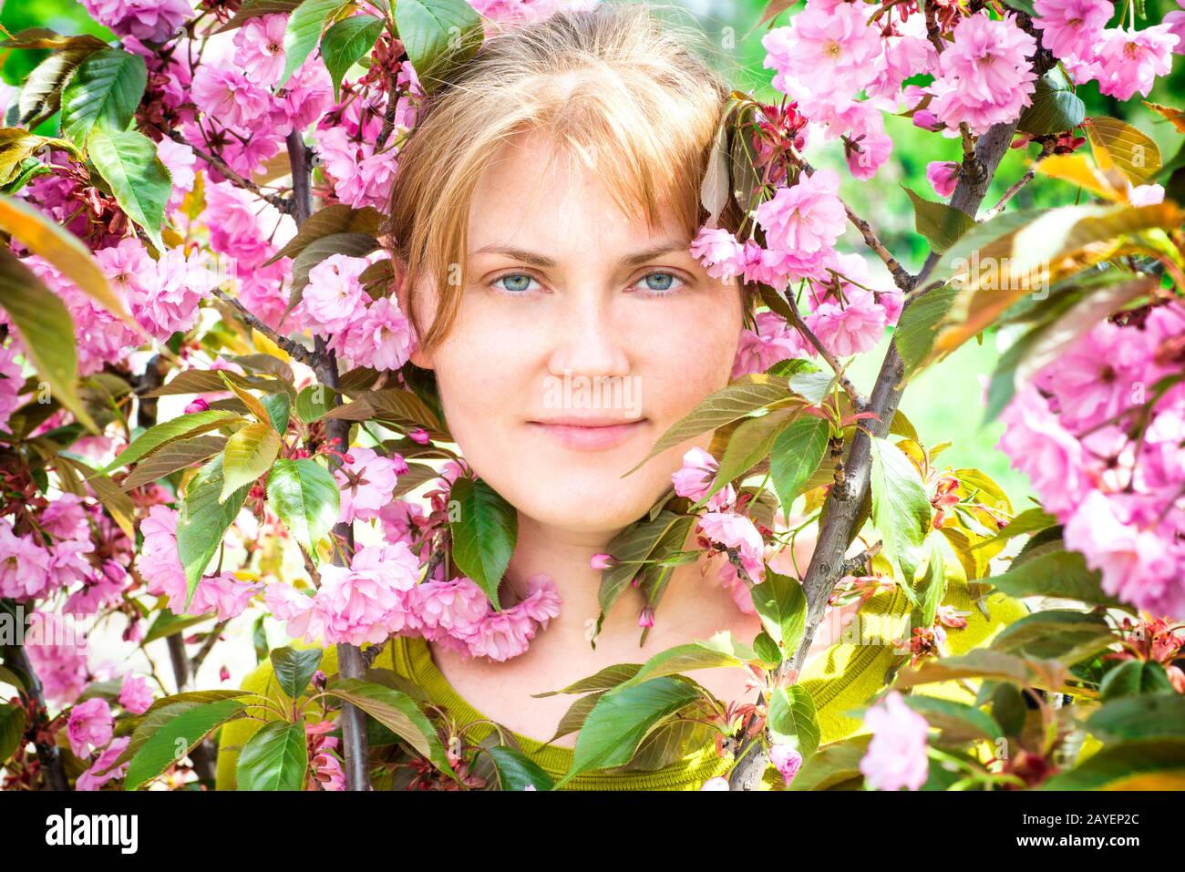 Young woman face in pink flowers Stock Photo - Alamy
