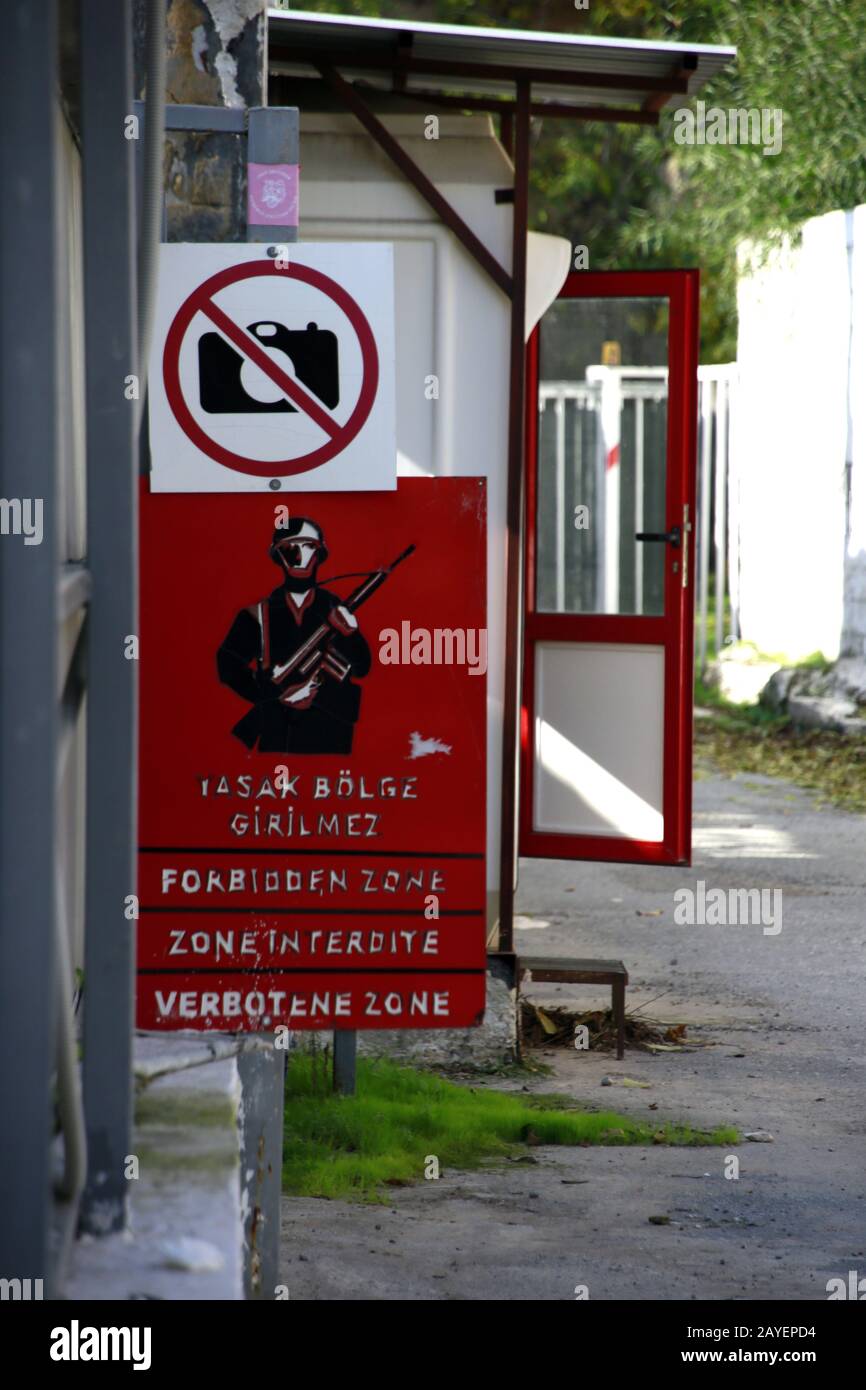 Warning sign on the demarcation line between Cyprus and the Turkish ...