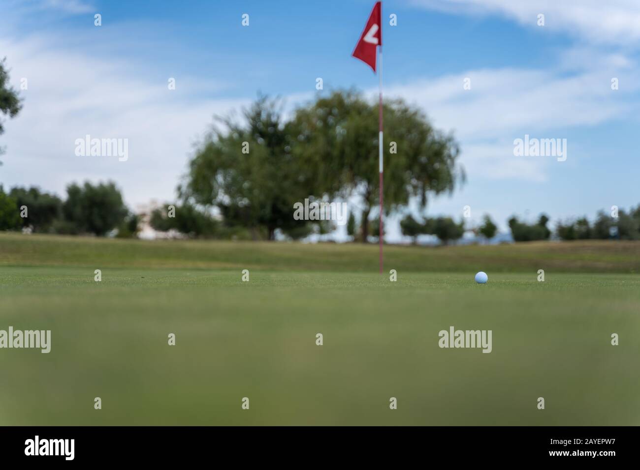 Golf course with a ball and a red flag nailed on the floor in a blur ...