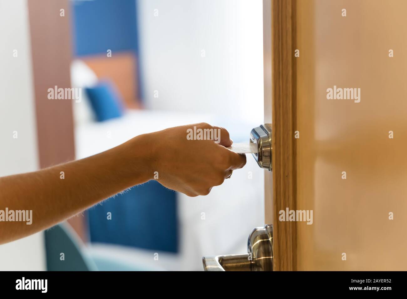 opening the door of a hotel room with a card Stock Photo - Alamy