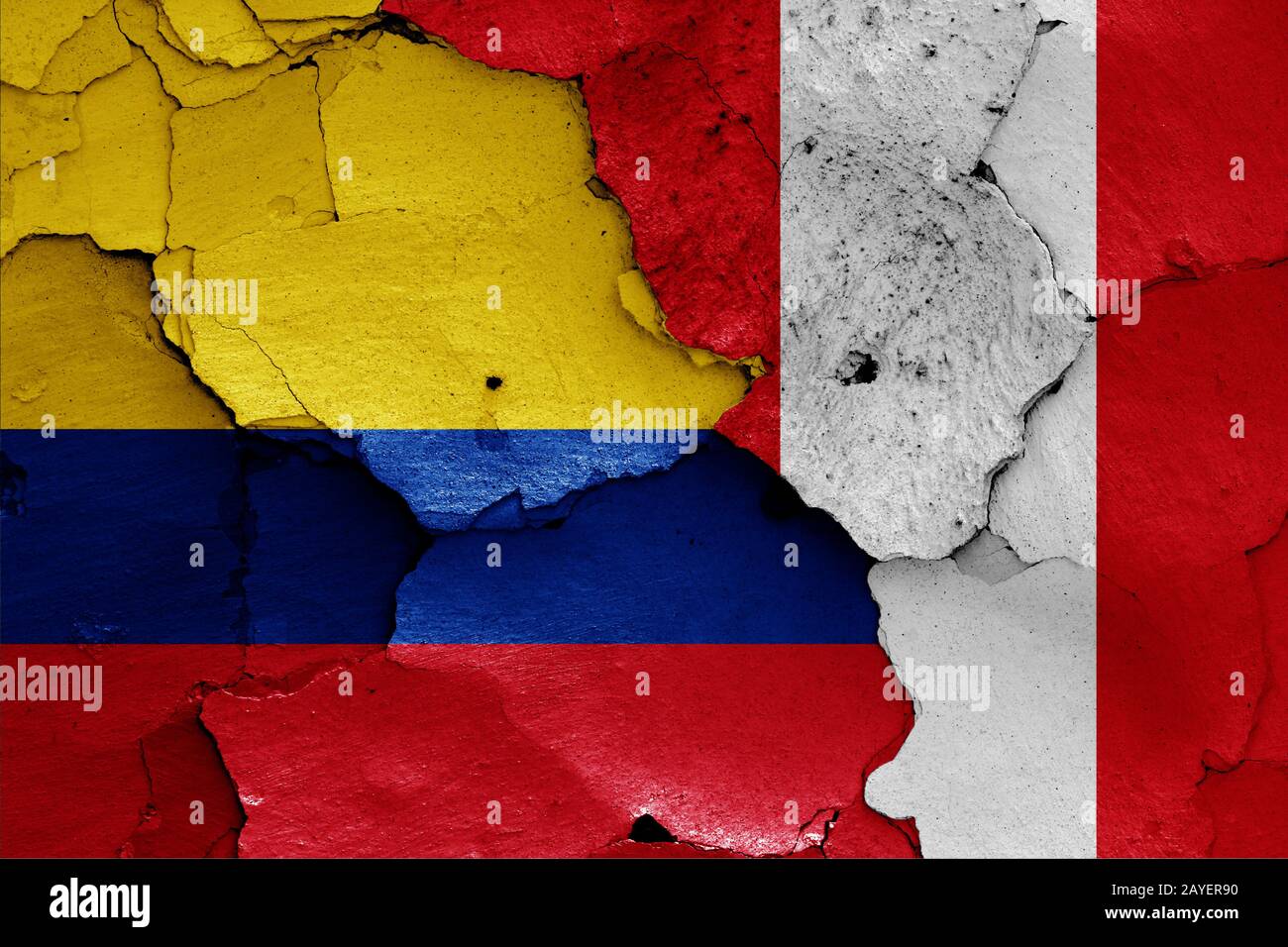 flags of Colombia and Peru painted on cracked wall Stock Photo - Alamy