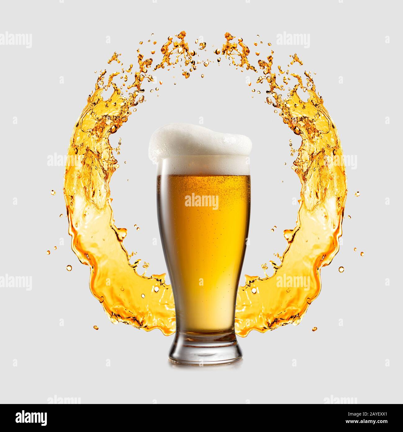 Glass of light beer on a background of splashing logo sign Stock Photo ...