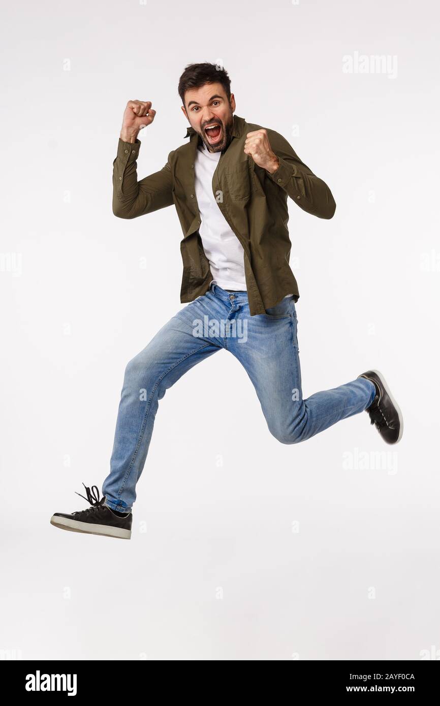 Achievement, congratulations and business concept. Full-length studio ...