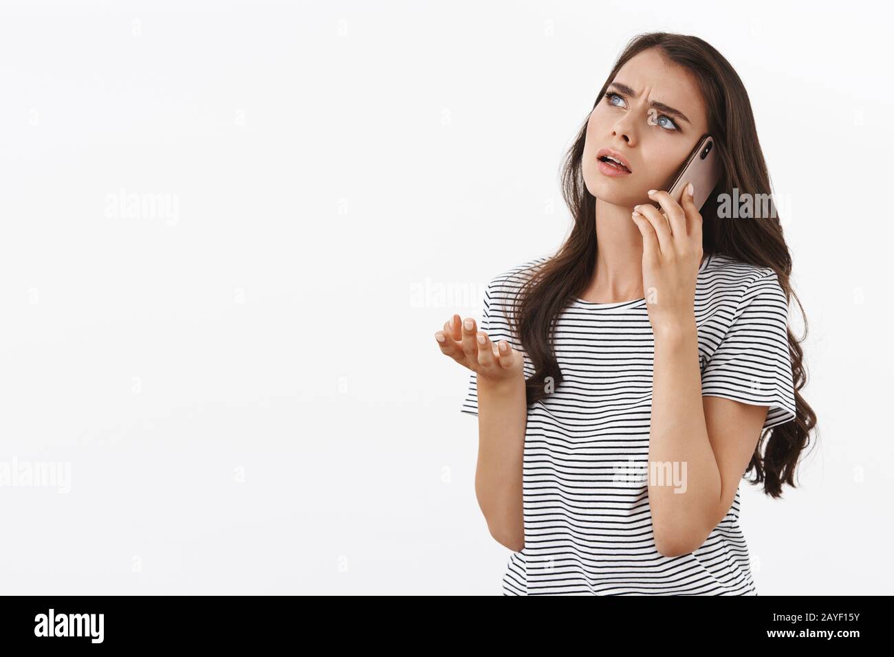 Conversation, connection and technology. Girl answering difficult ...