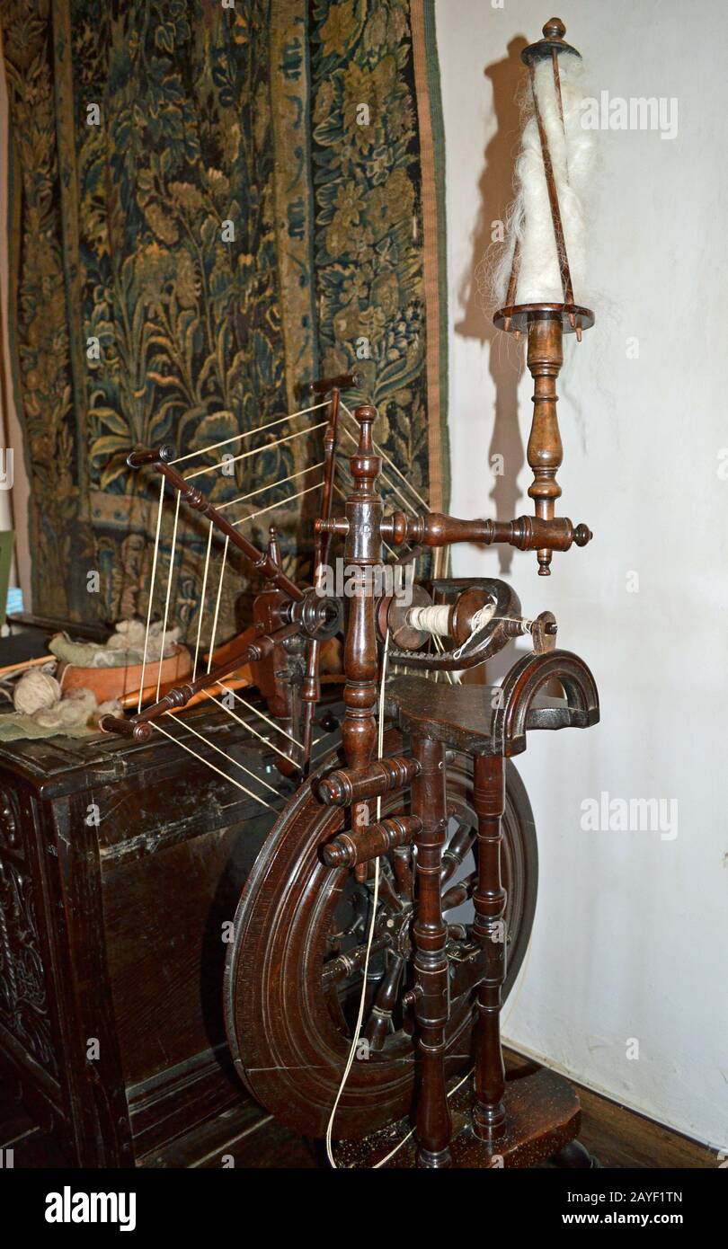 Spinning wheel at Sulgrave Manor, Oxfordshire, UK, was built in 1539 ...