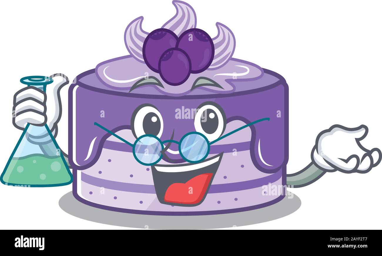 Cool blueberry cake Professor cartoon character with glass tube Stock ...