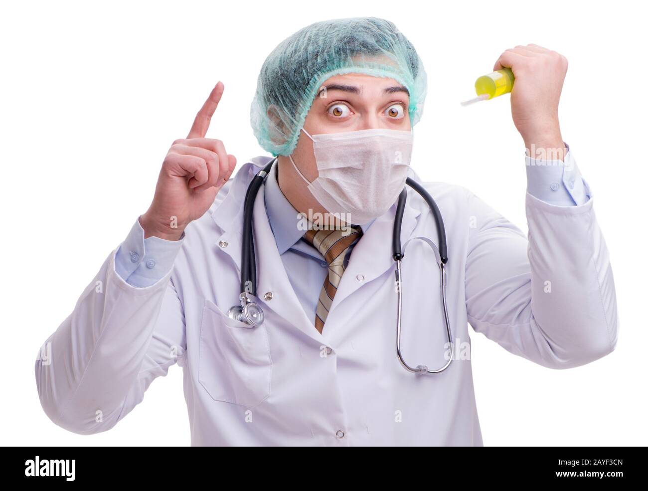Funny doctor with syringe isolated on white Stock Photo - Alamy