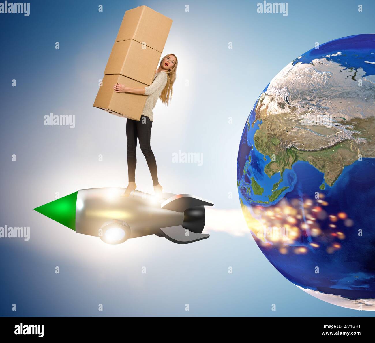 Woman flying jetpack and delivering boxes globally Stock Photo - Alamy