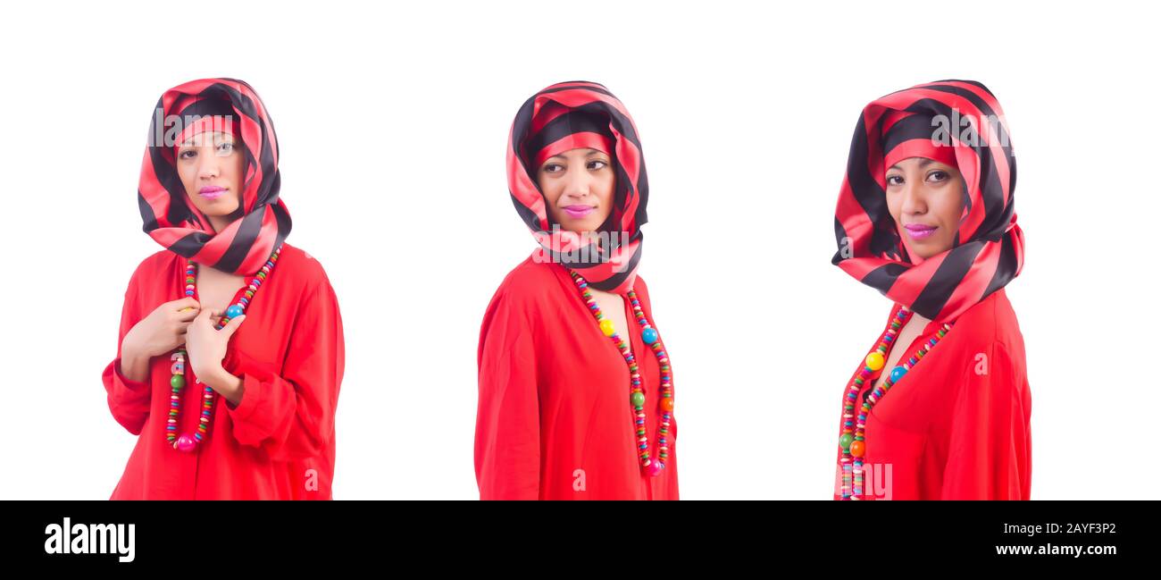 Woman in red scaf on white Stock Photo - Alamy