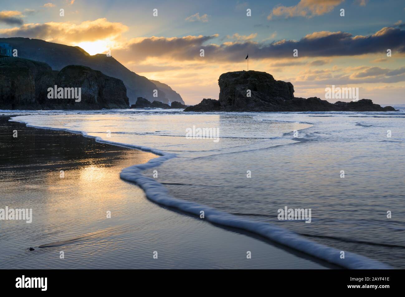 Chapel Rock on Perranporth Beach in Cornwall captured at sunset Stock ...
