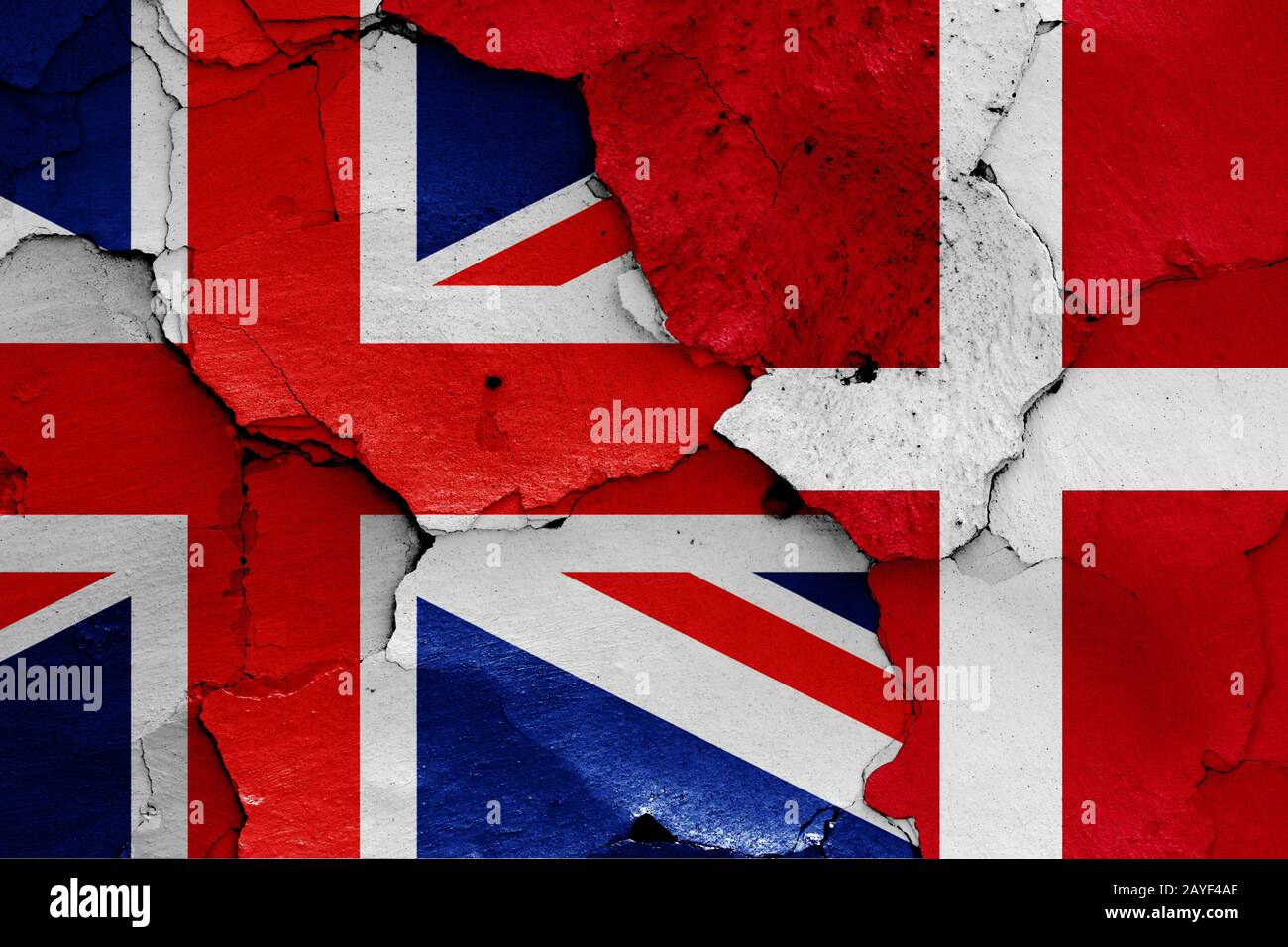 flags of UK and Denmark painted on cracked wall Stock Photo - Alamy