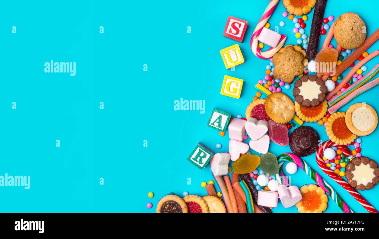 candy background, assortment of colorful candy, mixed unhealthy candies ...