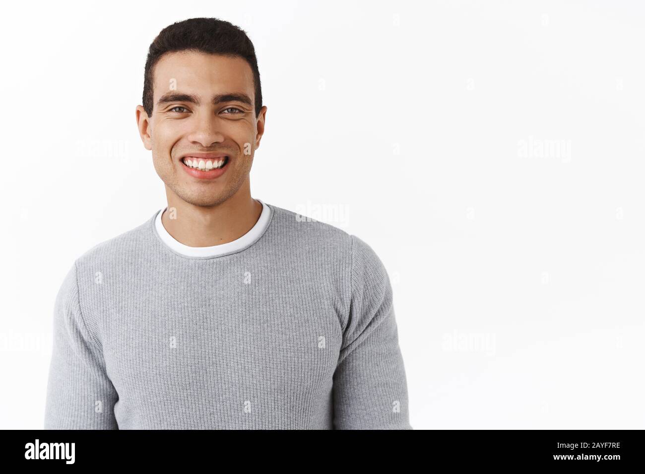Waist Up Portrait Friendly Looking Handsome Masculine Man With Perfect