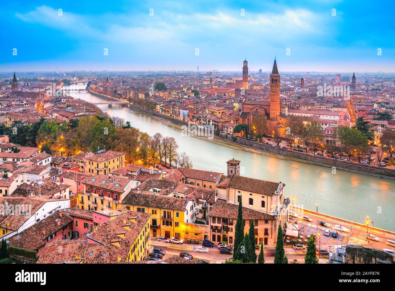 Verona, Italy. Scenery with Adige River and city skyline Stock Photo ...