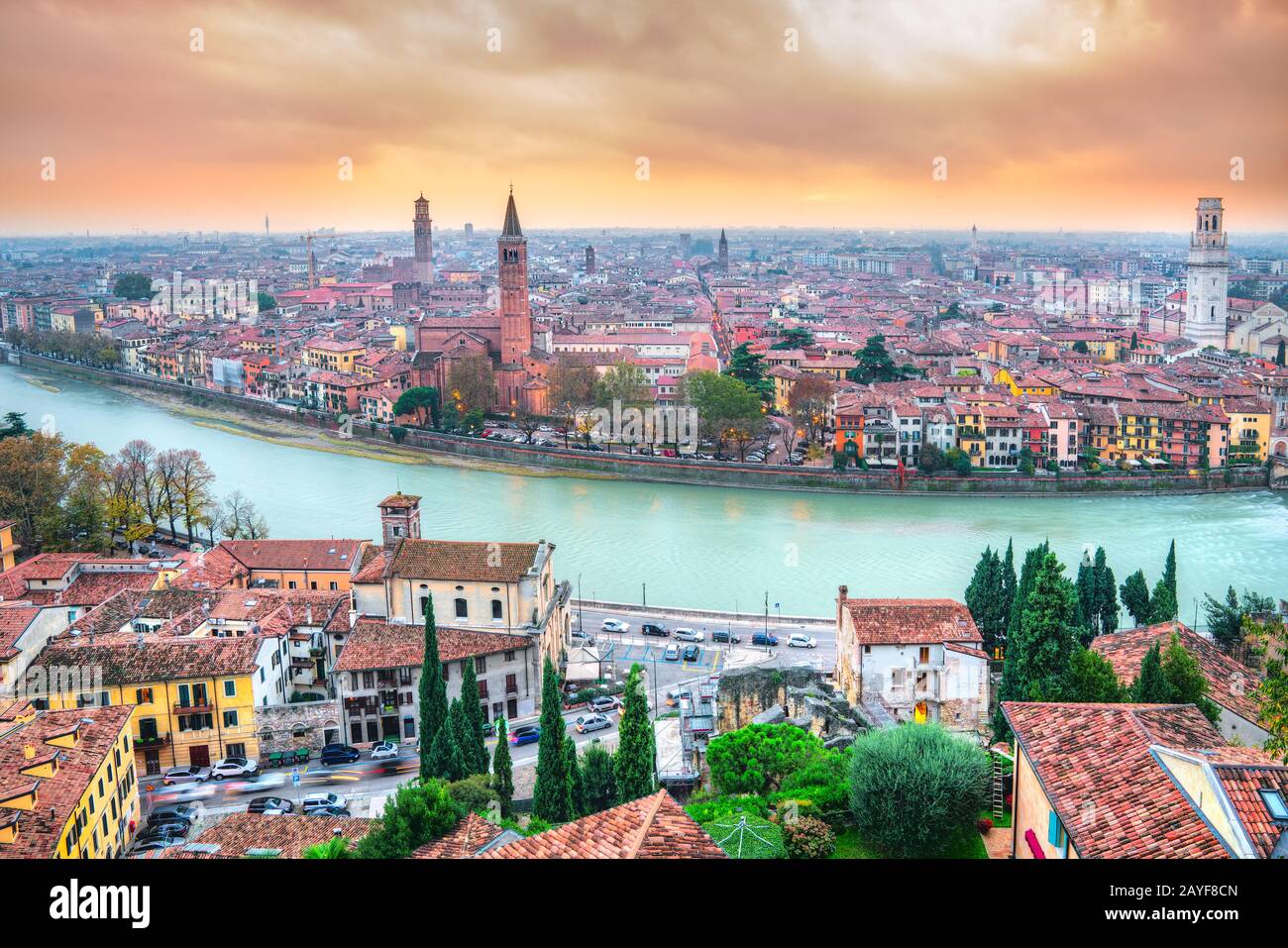 Verona, Italy. Scenery with Adige River and city skyline Stock Photo ...