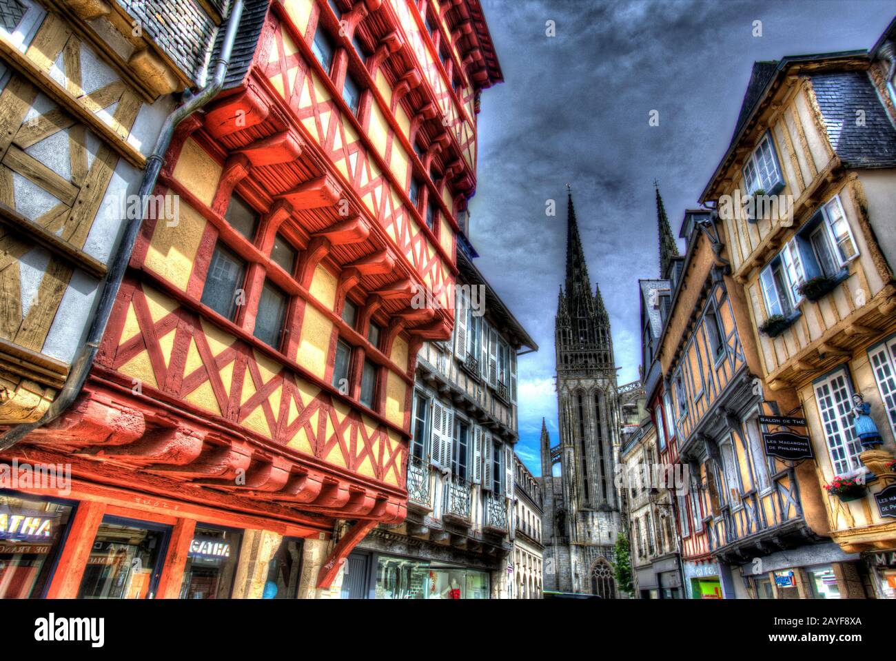 City of Quimper, France. Artistic angled view of the historic timber ...