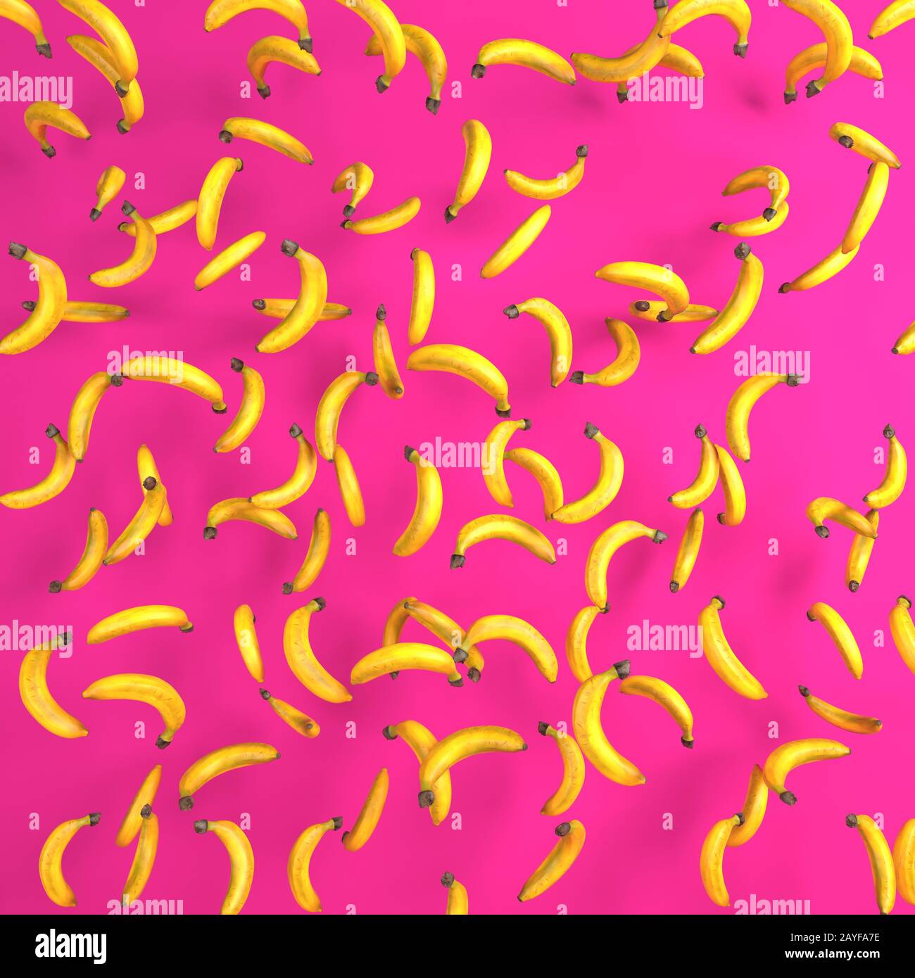 Lot of bananas falling in a random pattern on a bright pink background ...