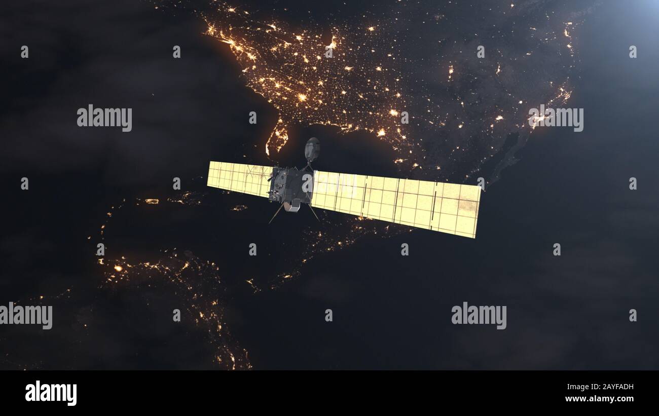 Space probe flight near rotating planet Earth. Rosetta explorer over ...