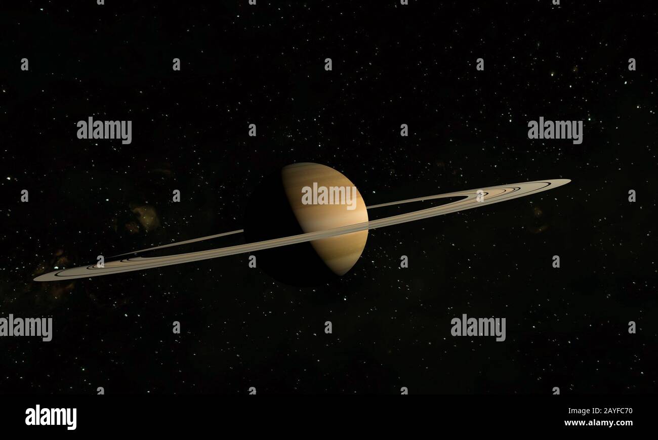 Planet Saturn with rings and satellites on the space background. 3d ...