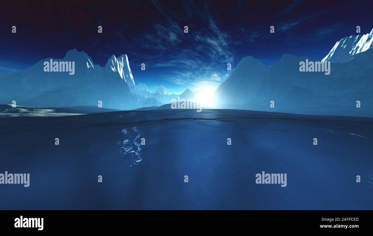 Antarctica Ice Field and Mountains Wide Lens 3D Illustration Stock ...