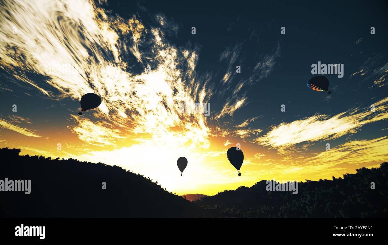 Hot Air Balloons over Lush Natural Wilderness Jungle in the Sunset ...