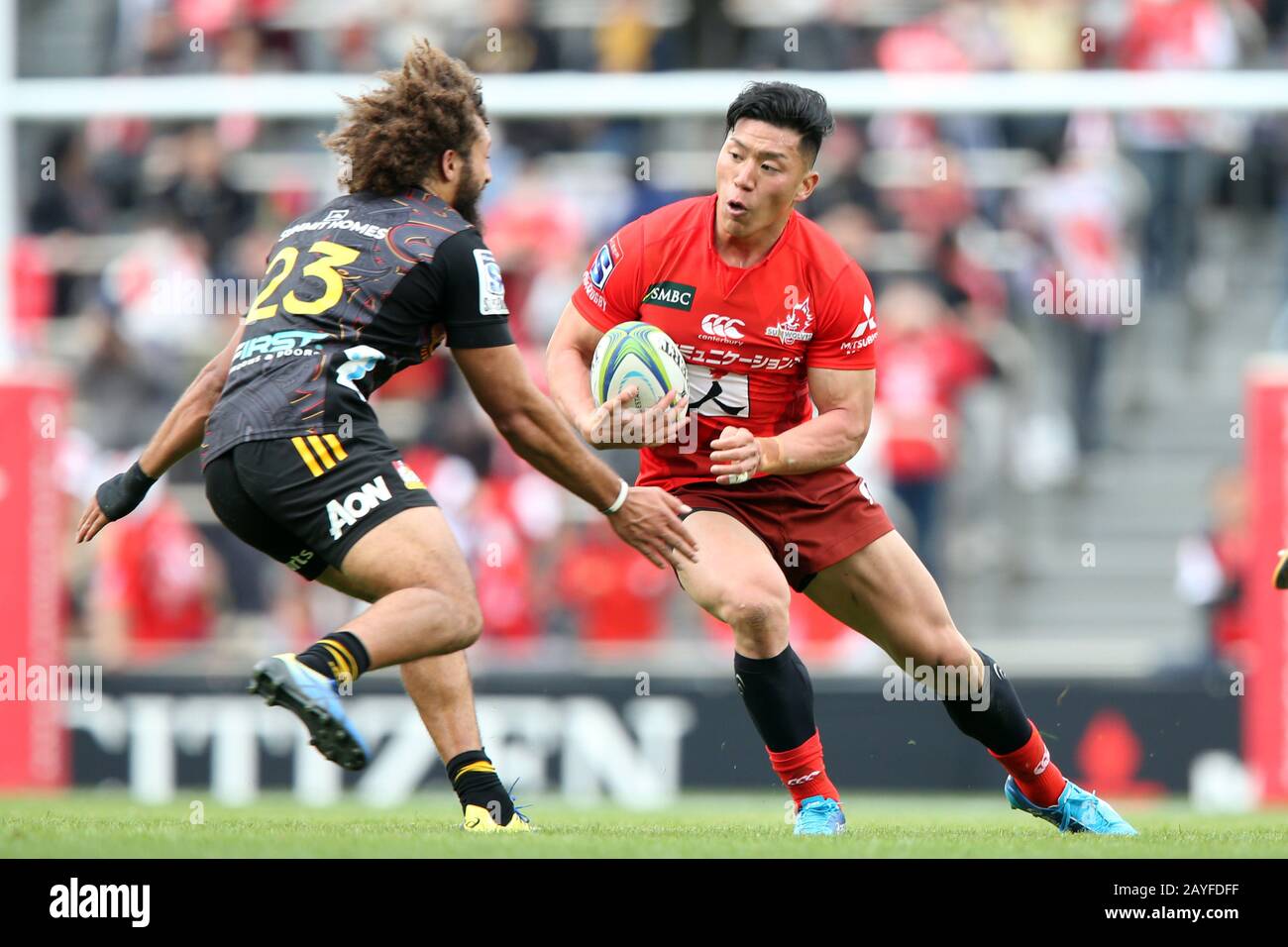 Tokyo, Japan. 15th Feb, 2020. (L-R) Orbyn Leger (CHIEFS), Shogo Nakano ...