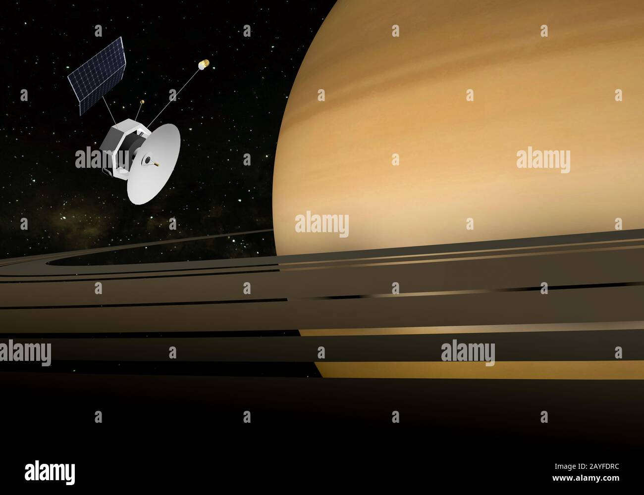 Planet Saturn, rings and other moons. Satellite explore to the planet ...