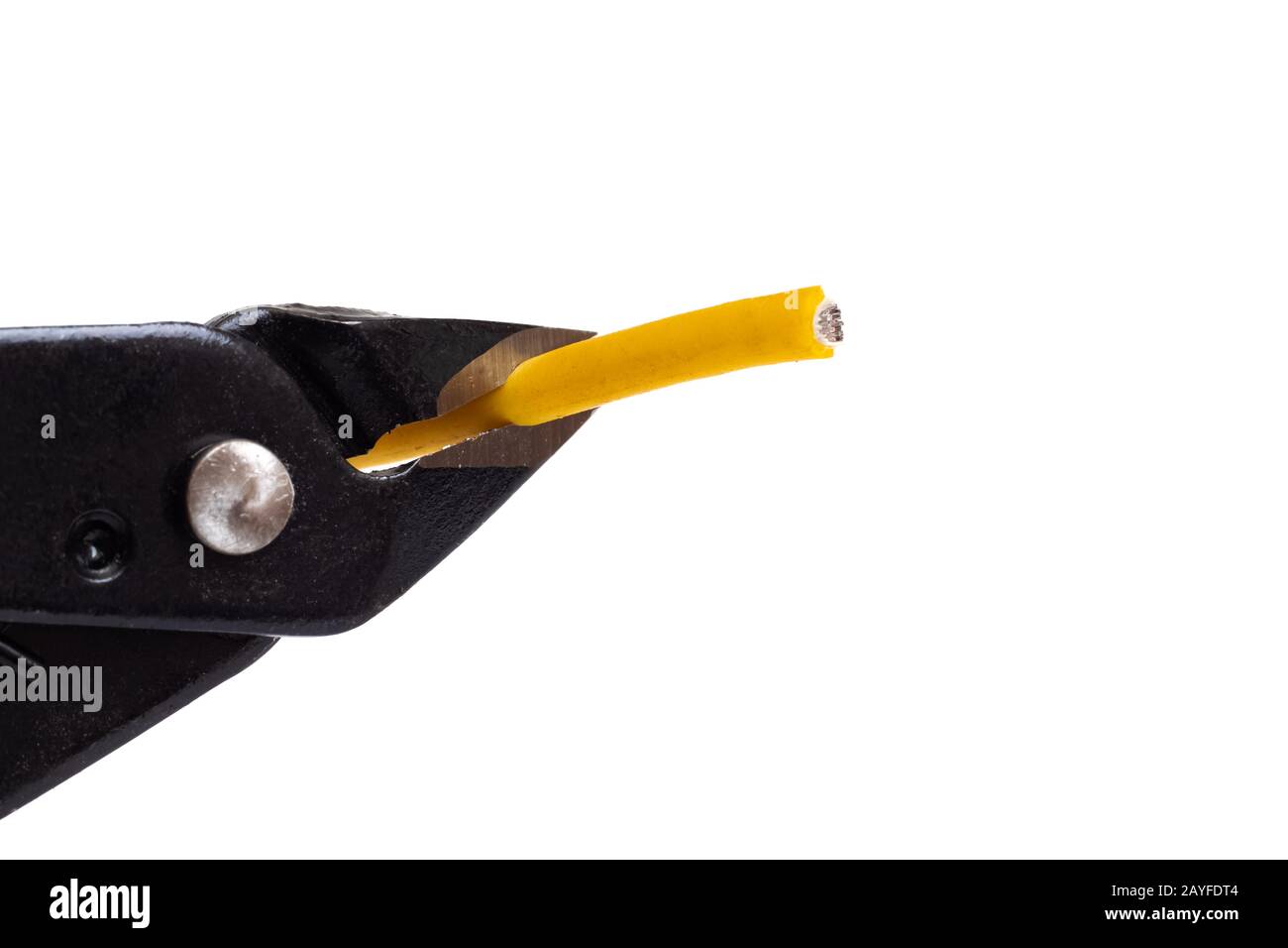Blue wire cutter cuts yellow wire isolated on white background close up ...