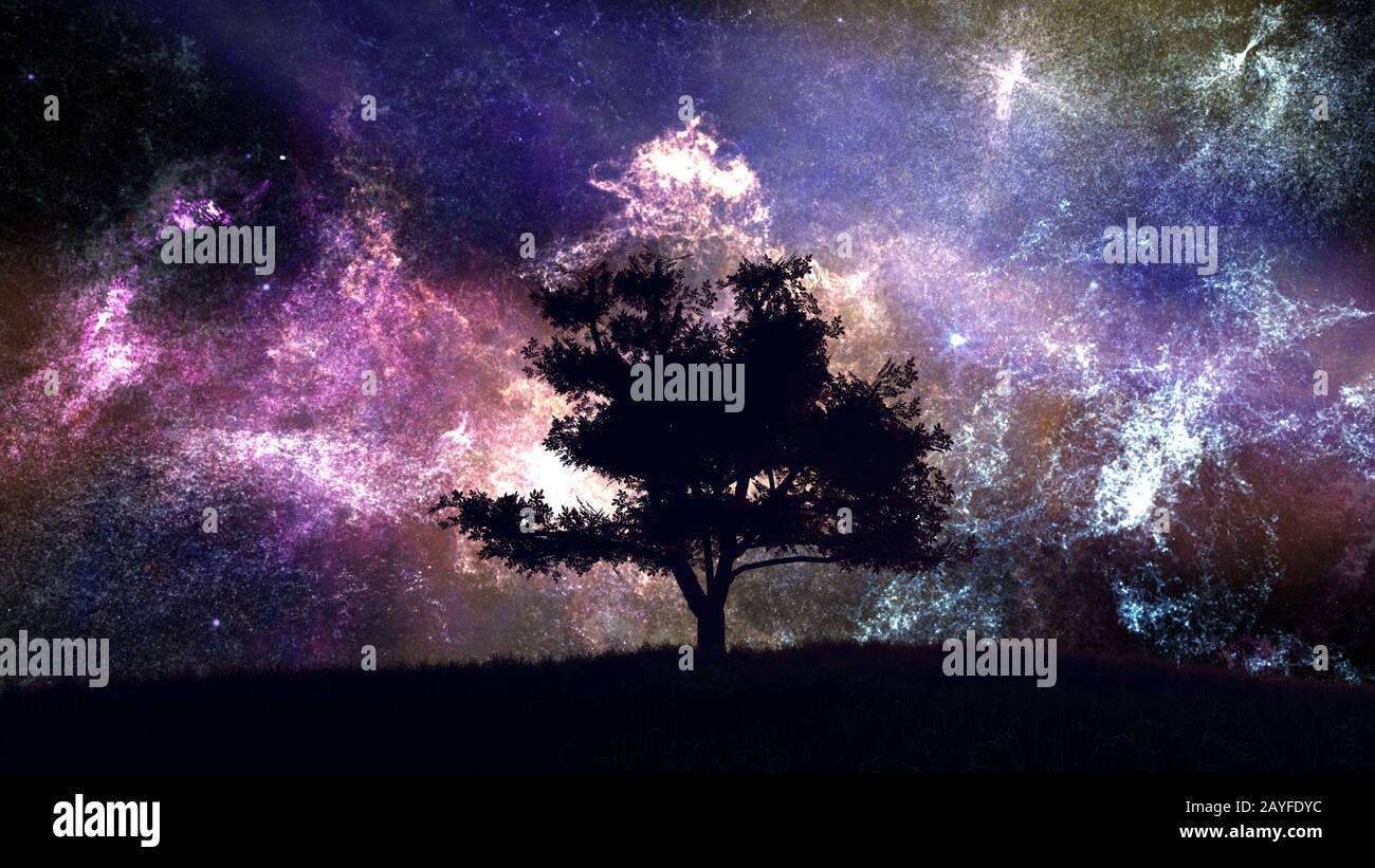 Lonely Tree under Amazing Nebula Night Sky 3D Illustration Stock Photo ...