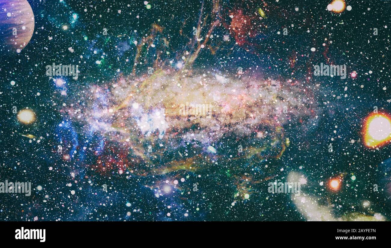 Colored nebula and open cluster of stars in the universe. Stardust and ...