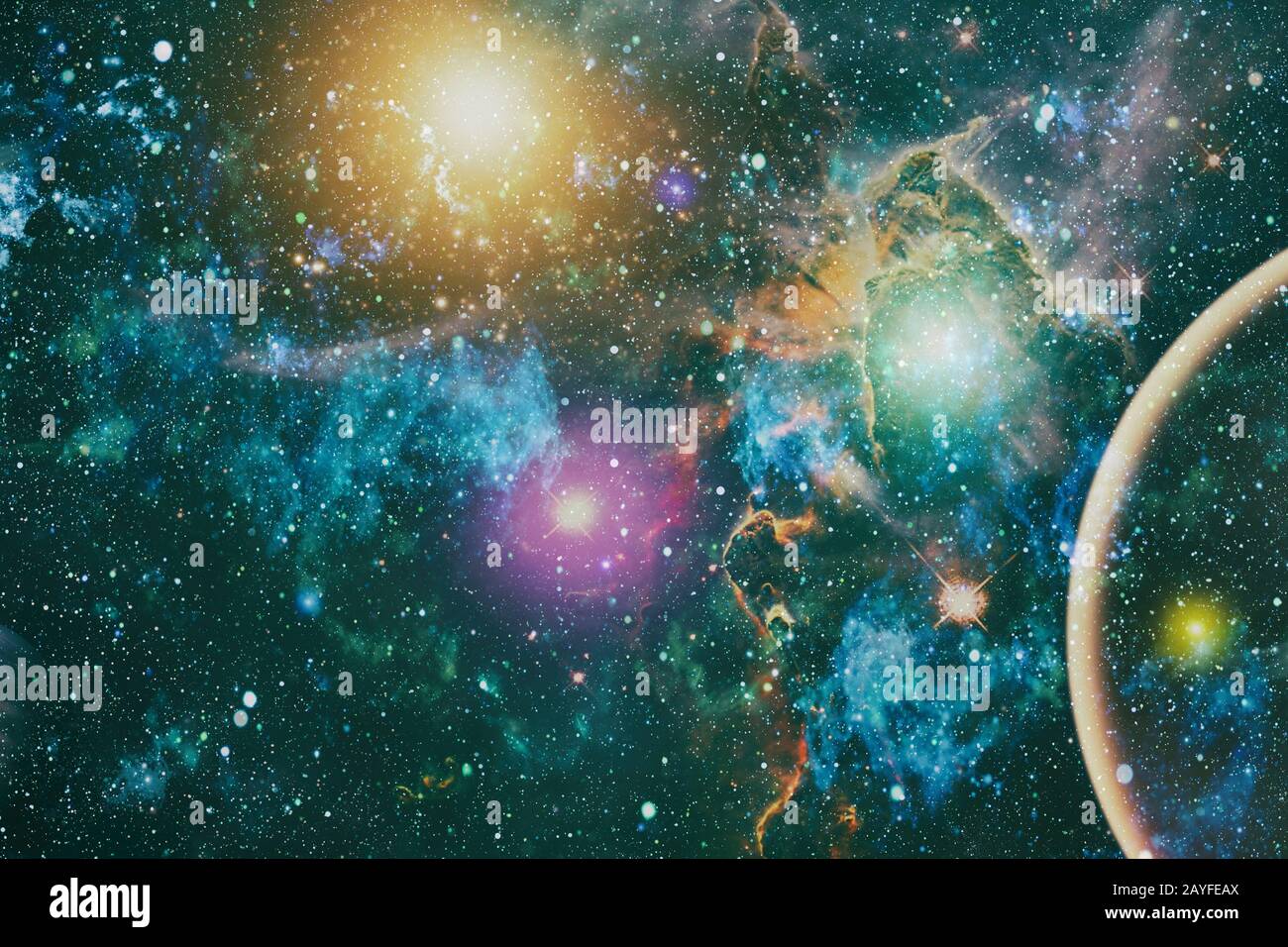 Colored nebula and open cluster of stars in the universe. Stardust and ...