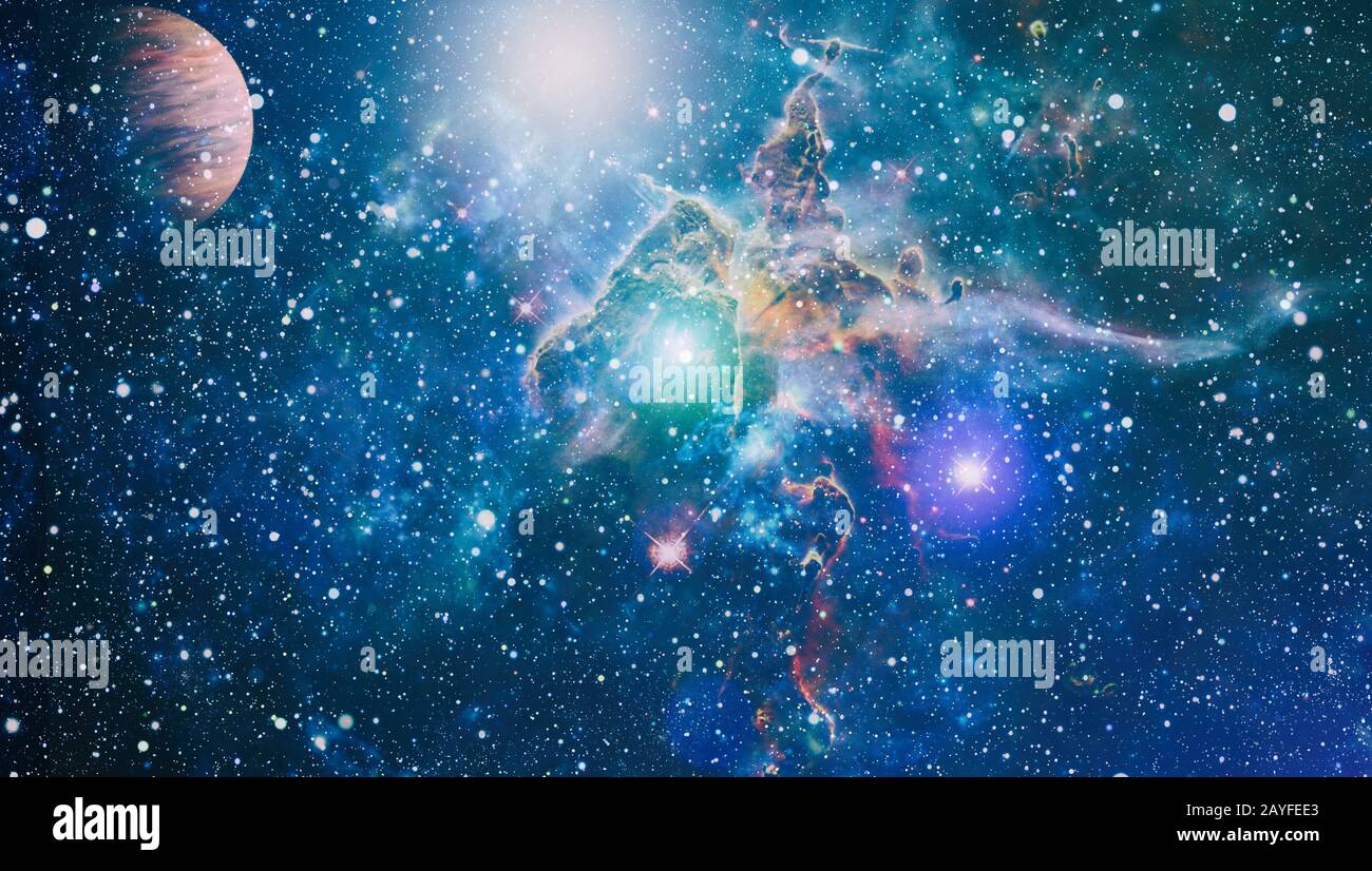 Colored nebula and open cluster of stars in the universe. Stardust and ...