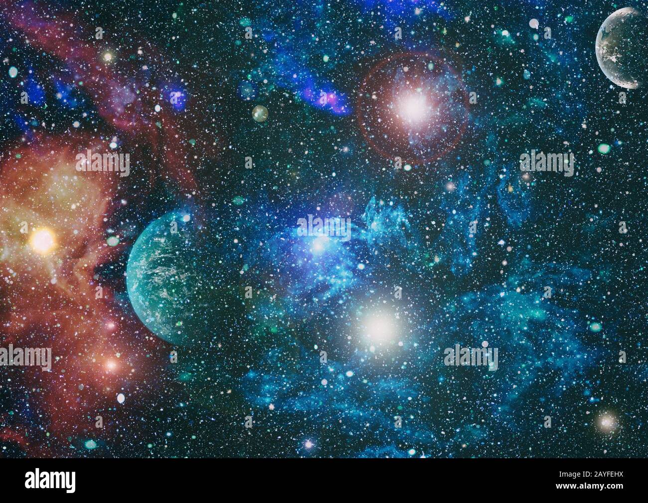 Colored nebula and open cluster of stars in the universe. Stardust and ...