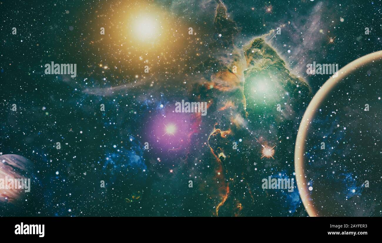 Colored nebula and open cluster of stars in the universe. Stardust and ...