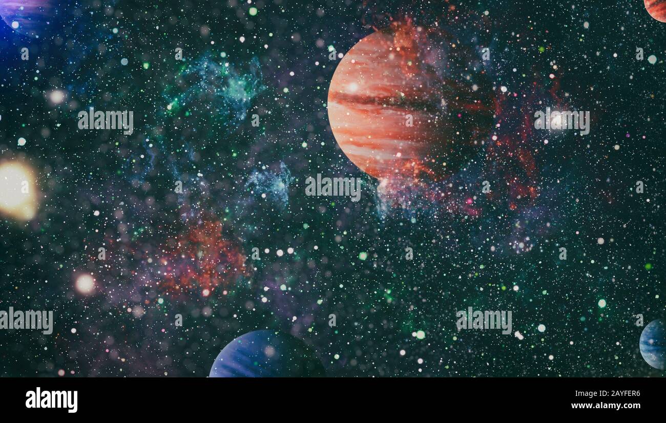 Colored nebula and open cluster of stars in the universe. Stardust and ...